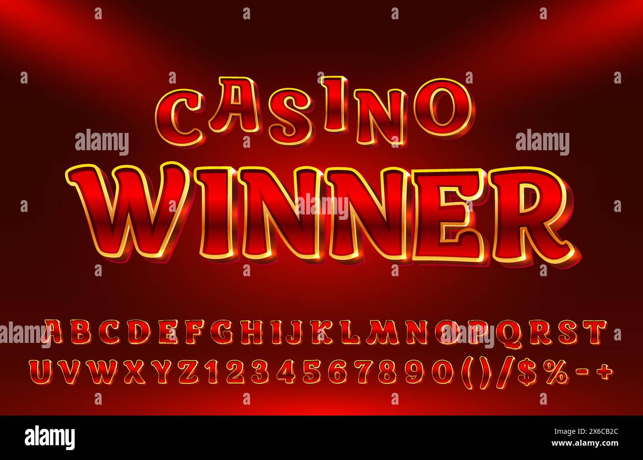 Casino winner golden font, color red. English alphabet and numbers sign ...