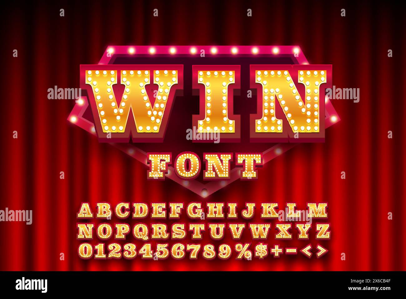 Casino winner golden font, color red. English alphabet and numbers sign ...