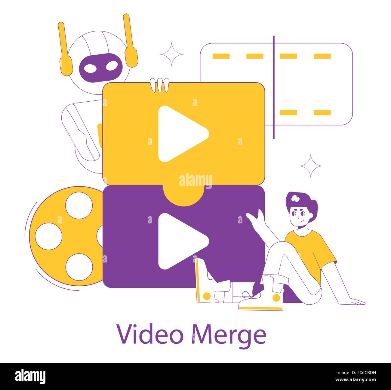 AI video creation concept. Robot and person collaborating on merging ...