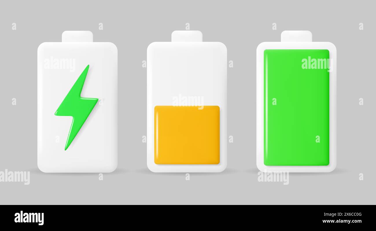 Battery charge indicators in 3D style. Glossy battery icons with charge ...