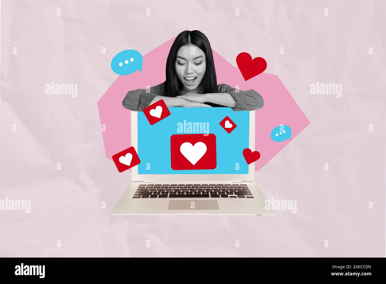Collage image artwork of shocked woman browsing looking monitor blog ...