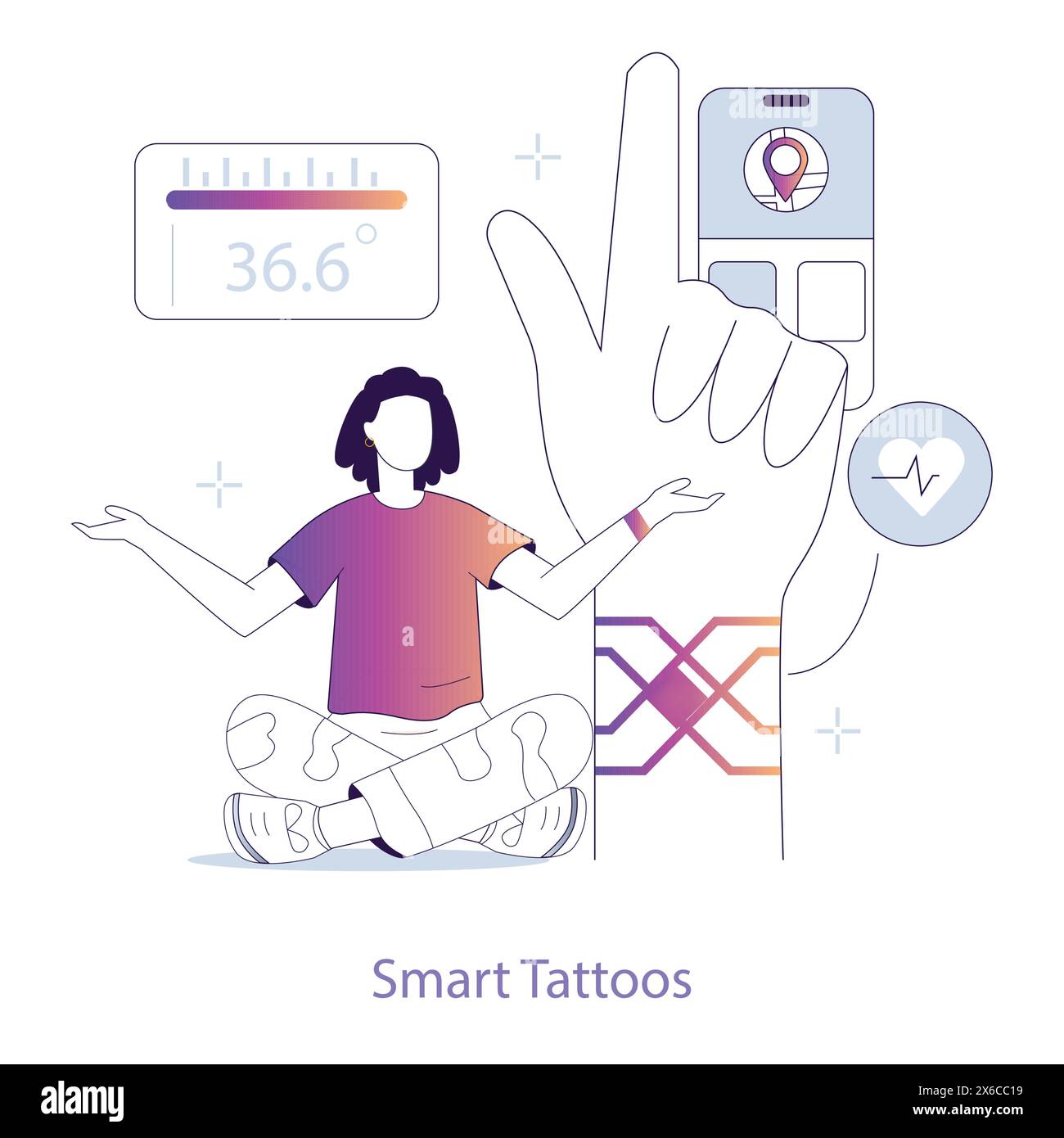 Smart tattoos concept. A meditative figure with smart tattoos that ...
