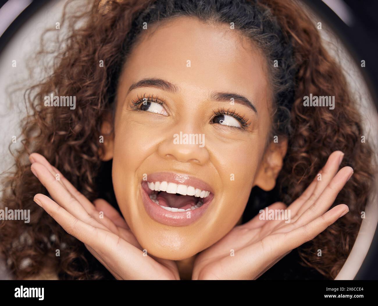 Gen z, woman and happy in studio for skincare, beauty and cosmetics or ...