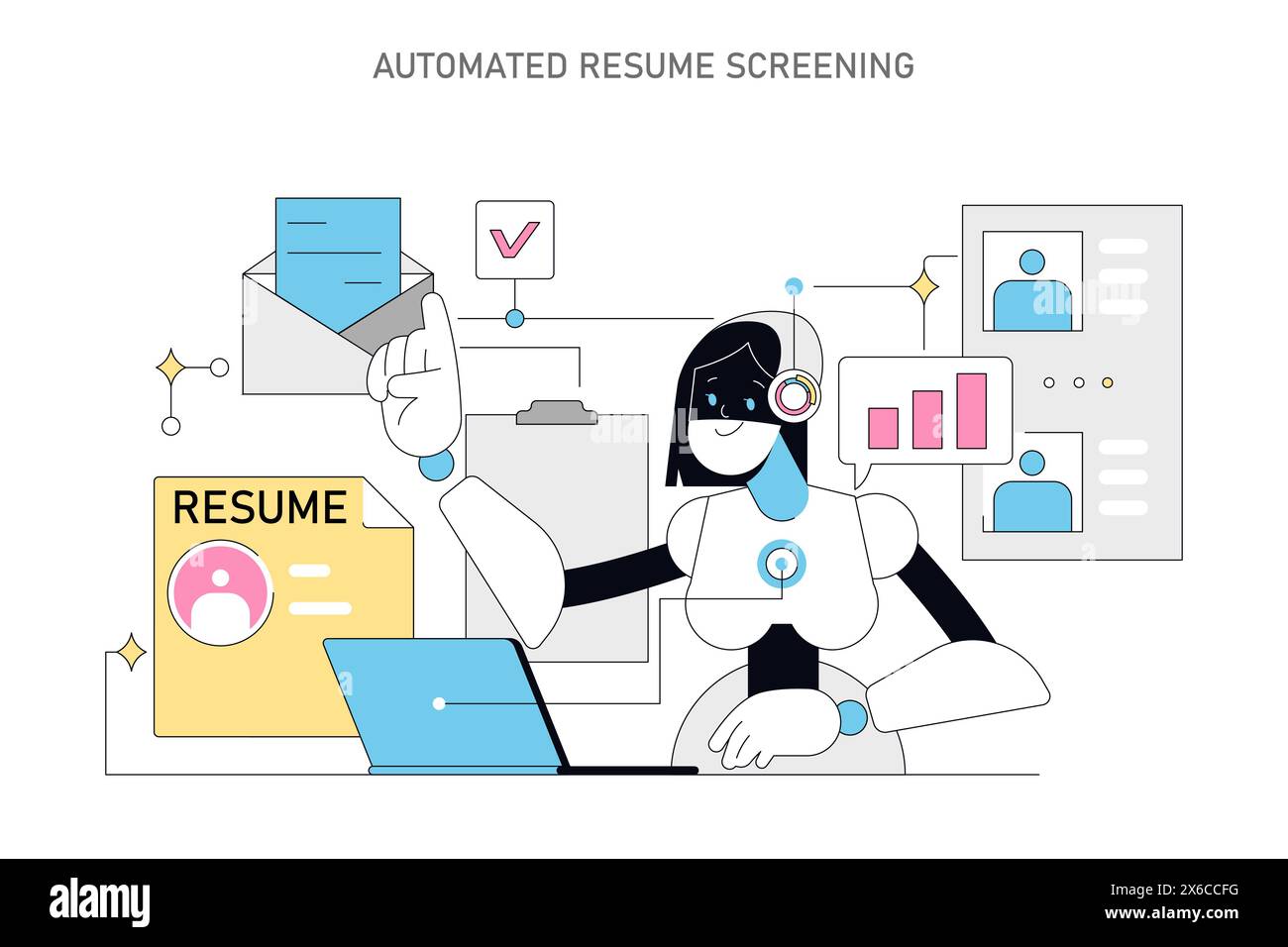 AI-powered recruitment process illustration. An advanced robot assesses ... AI-powered recruitment process illustration. An advanced robot assesses ...