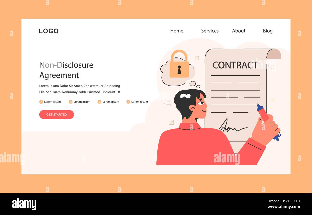 Non-disclosure agreement web banner or landing page. Signing contract ...