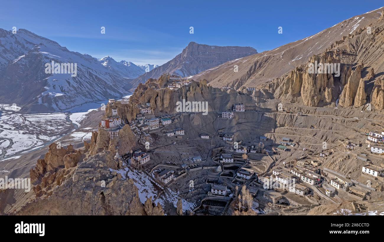 Picturesque view of the Key Gompa Monastery (4166 m) at sunrise. Spiti ...