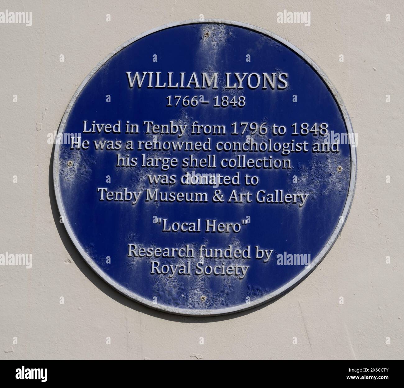 Heritage blue plaque at Tenby Museum and Art Gallery, Castle Hill, Tenby, Pembrokeshire, South ...