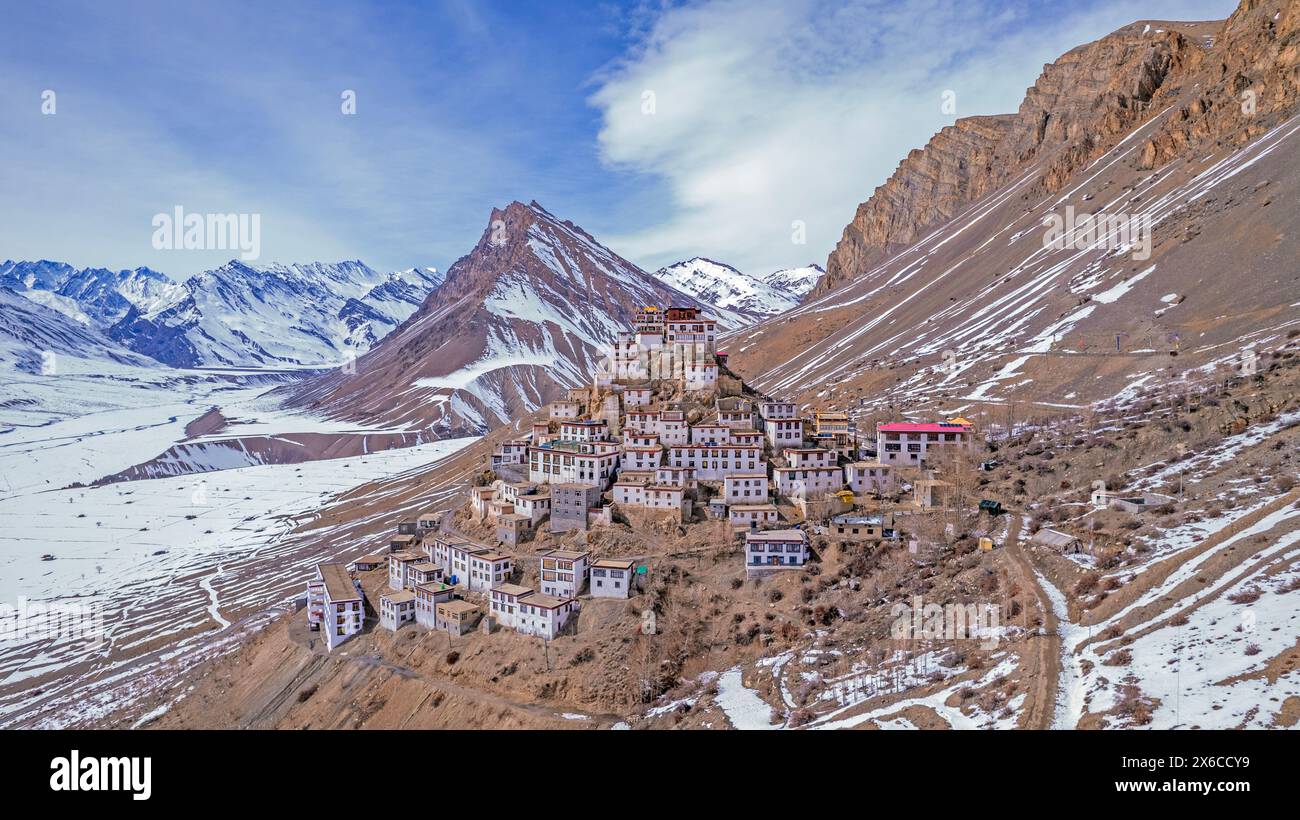 Picturesque view of the Key Gompa Monastery (4166 m) at sunrise. Spiti ...