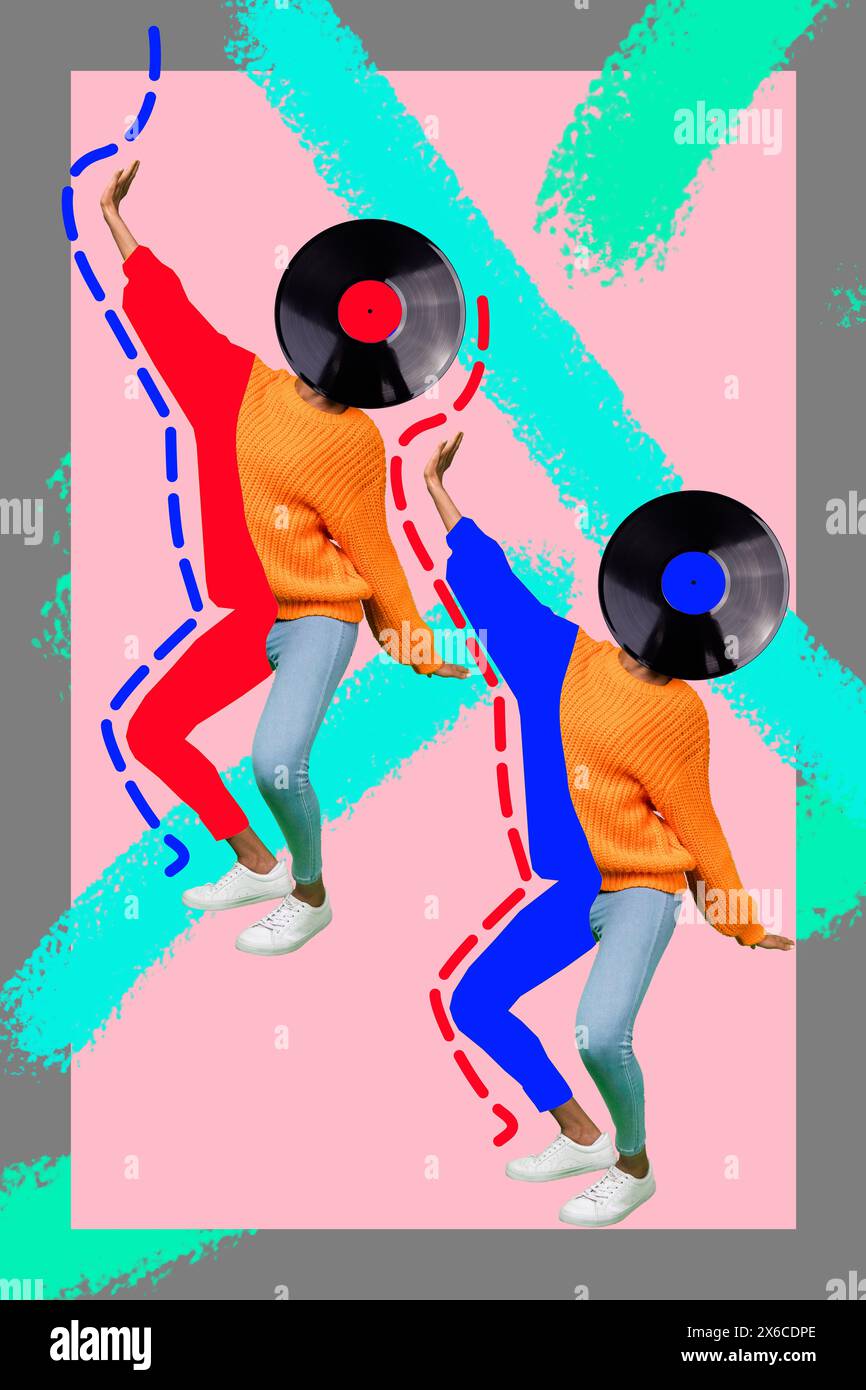 Collage 3d pinup pop retro sketch image of funky people vinyl plate ...