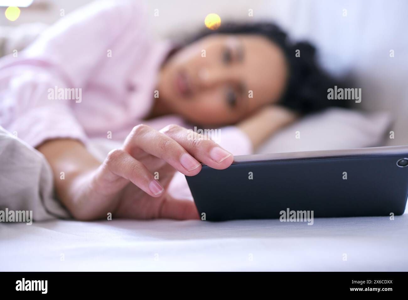 Woman, smartphone and morning text in bedroom for communication ...