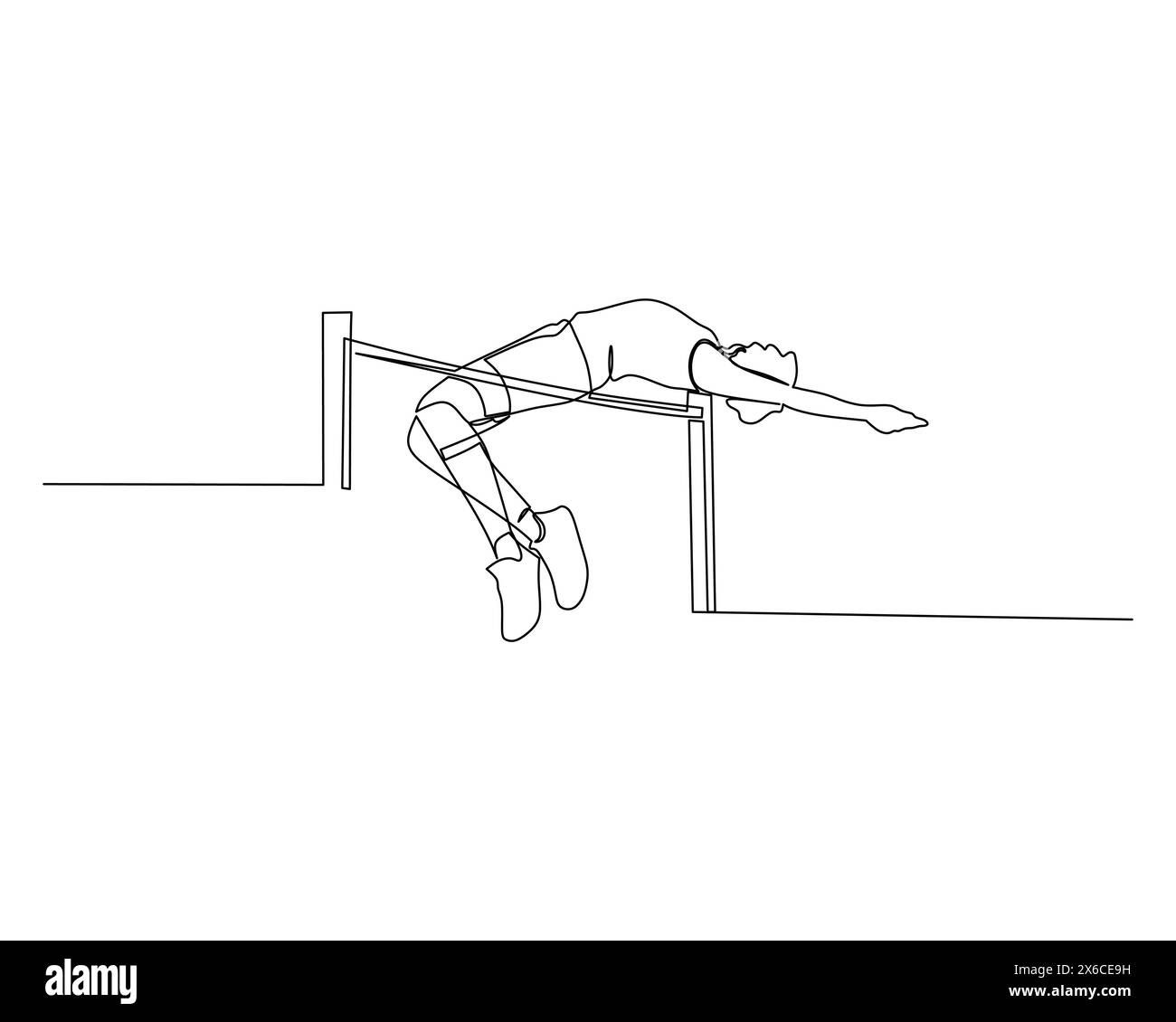 Continuous single line drawing of young energetic man exercise jump high to pass the bar ...