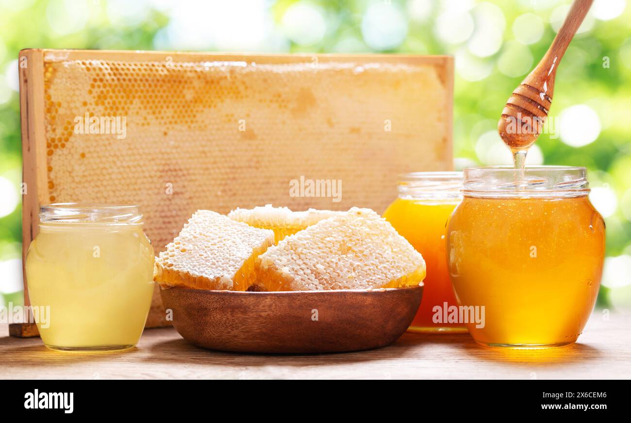 Various types of honey in glass jars and honeycomb on green background ...