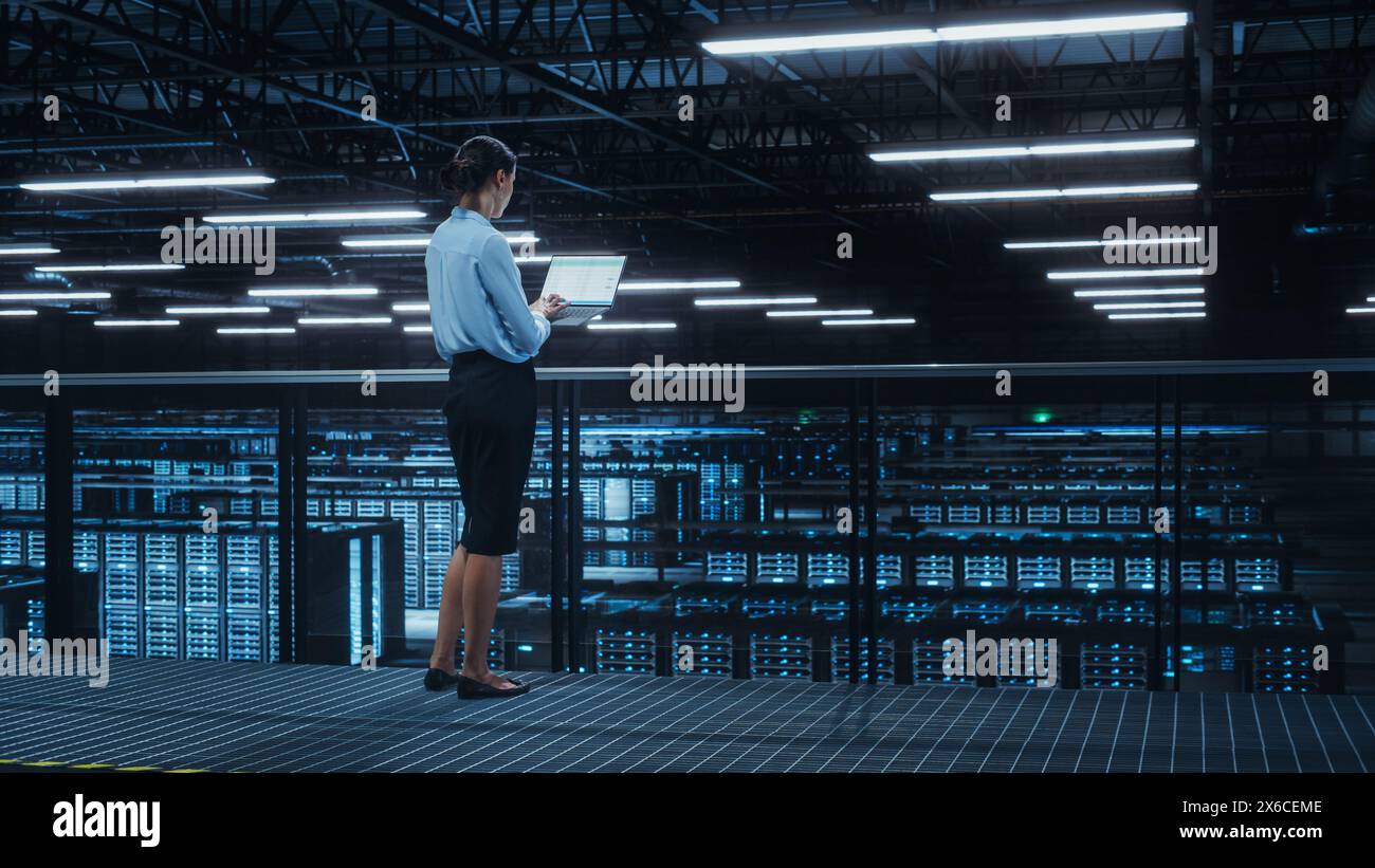 Data Center Engineer Using Laptop Computer Server Farm Cloud Computing