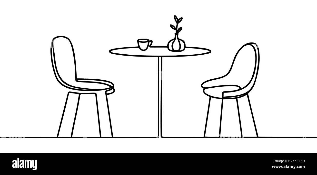 Continuous line drawing. Table with chairs. Cafe or restaurant ...