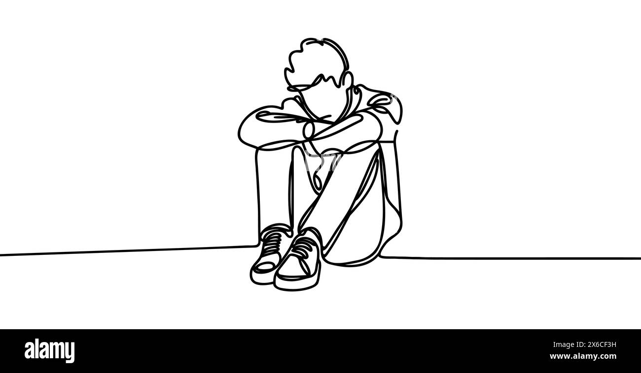 continuous line drawing of Exhausted sad young man covering his face by ...