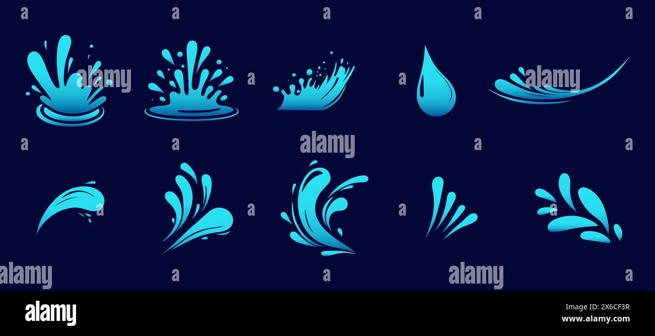 Set of water wave splashes, falling aqua drops, sea or ocean waves ...
