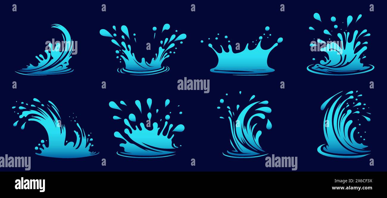 Set of water wave splashes, falling aqua drops, sea or ocean waves ...