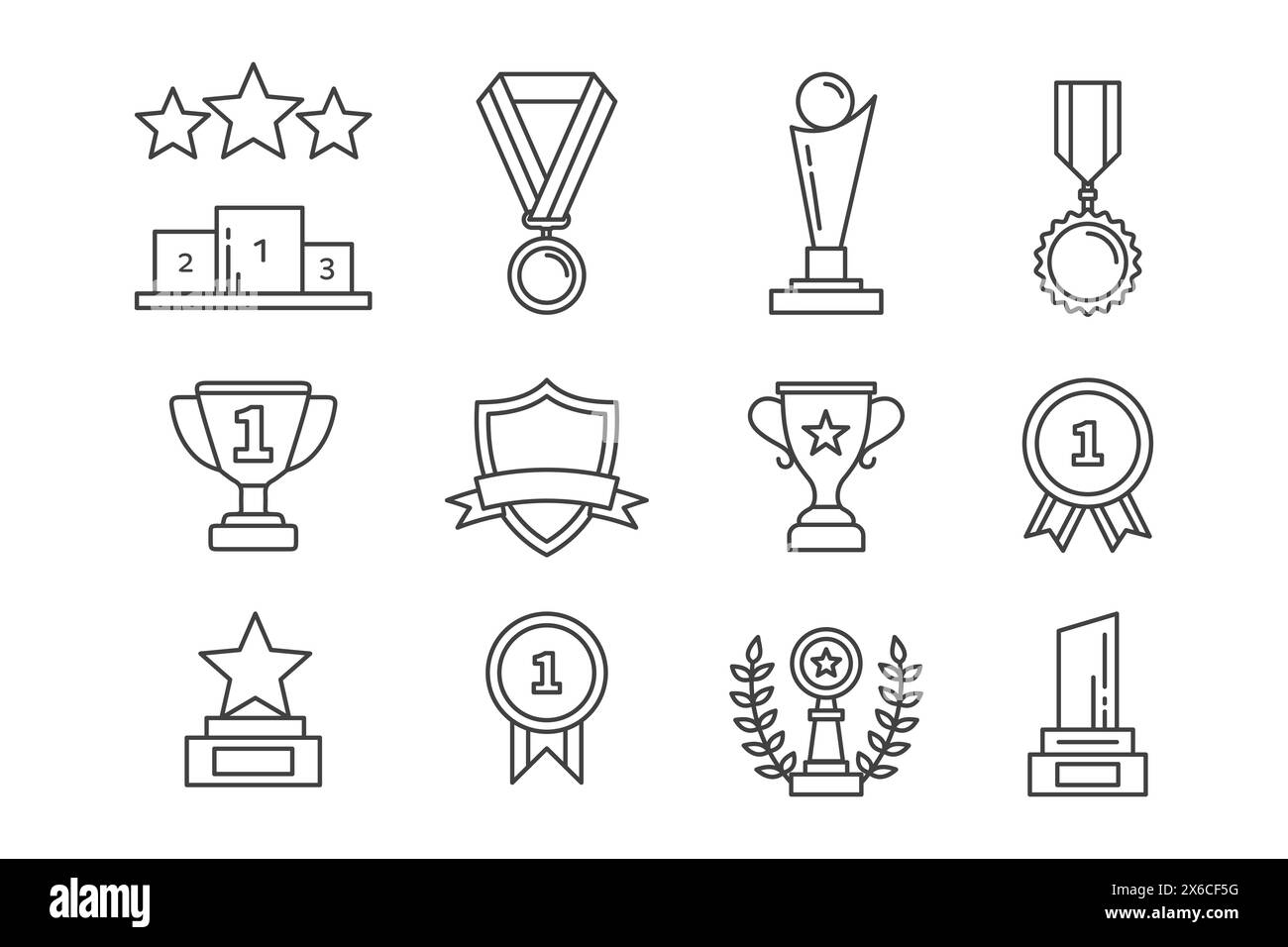 Set of outline icons of trophy, medal and champion award with ribbon ...