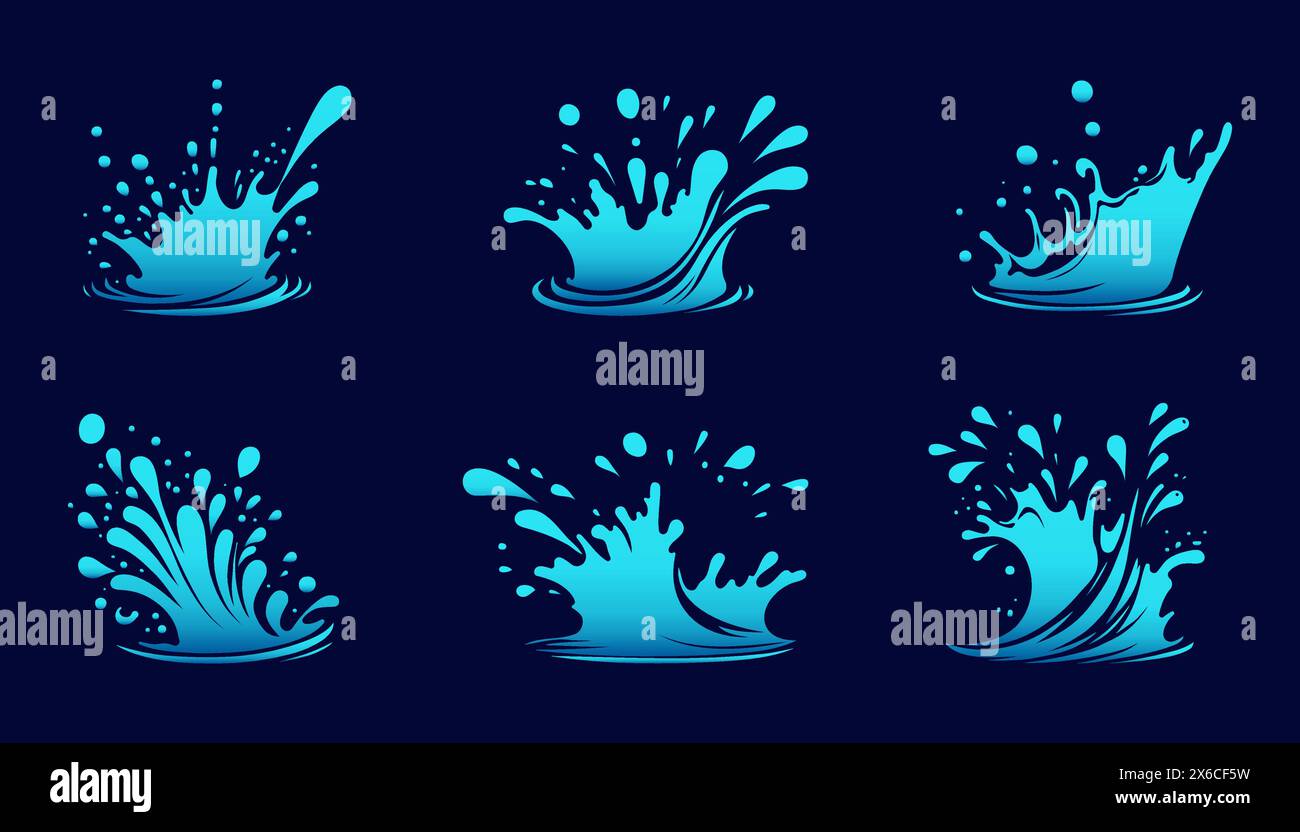 Set of water wave splashes, falling aqua drops, sea or ocean waves ...