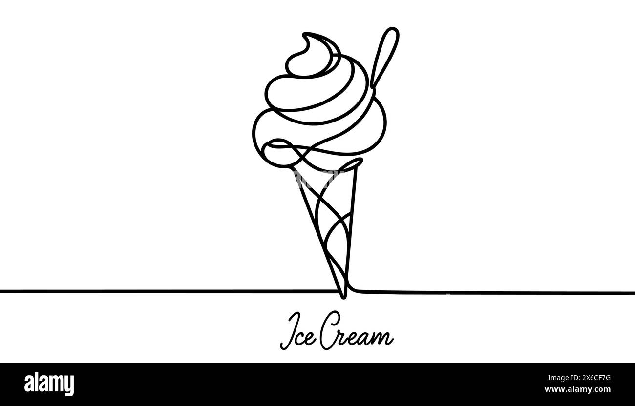 Ice cream in waffle cone in one continuous line drawing. Symbol dessert ...