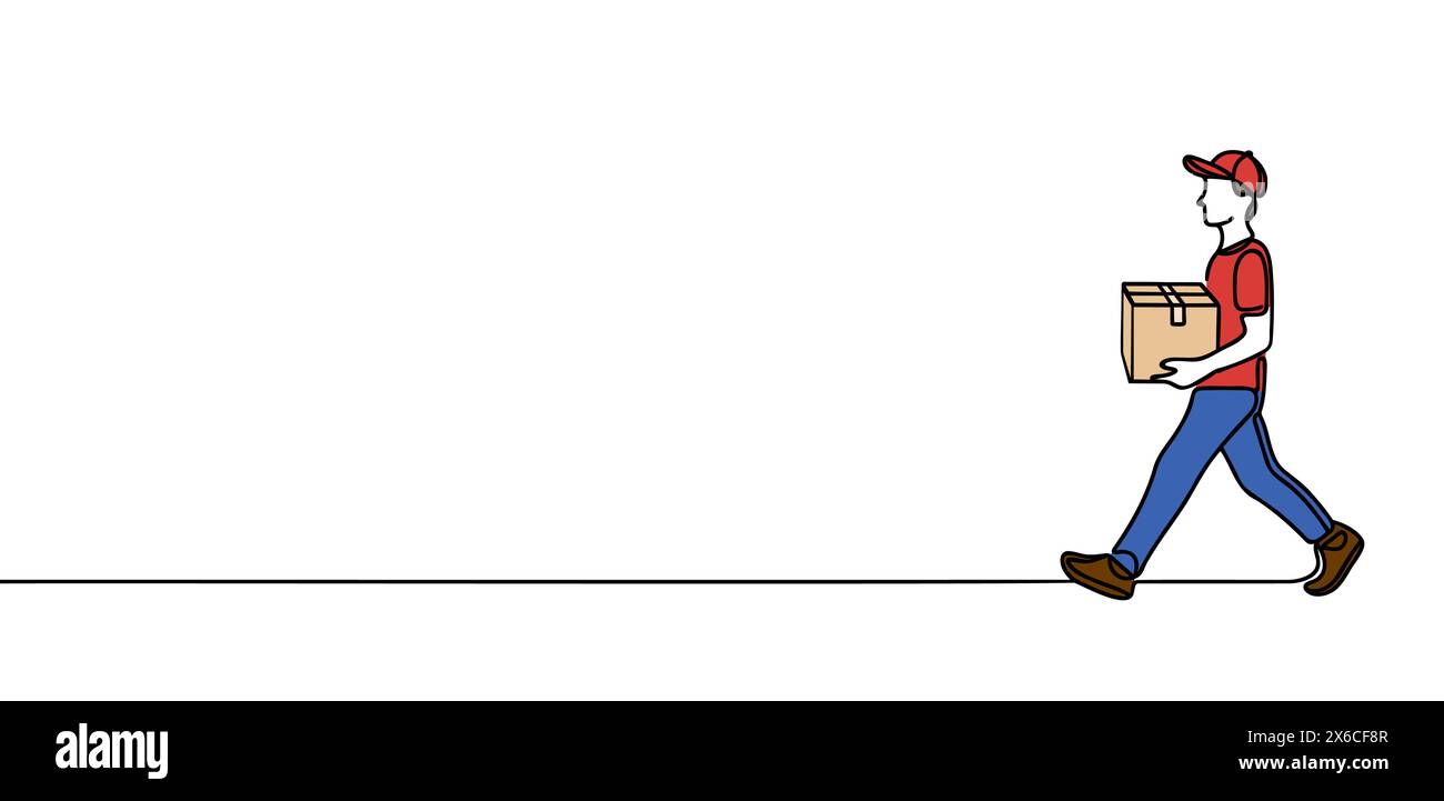 Continuous one line drawing delivery man with parcel box. Drawing of ...