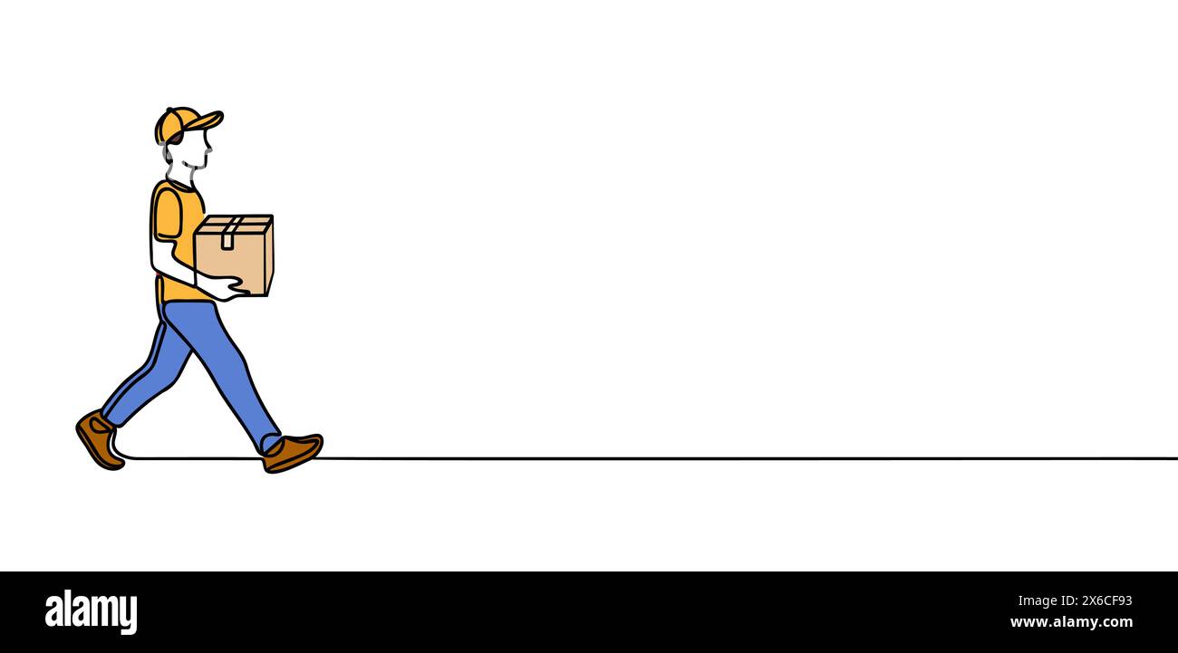 Continuous one line drawing delivery man with parcel box. Drawing of ...