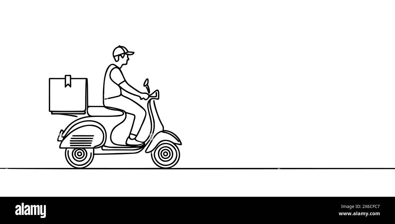 Delivery man riding a red scooter illustration. Food delivery man ...