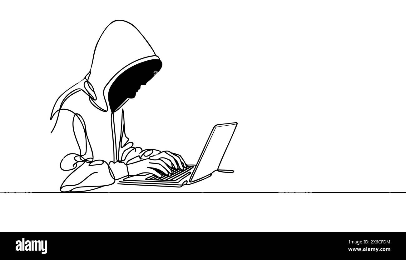 One Line Continuous Hacker Cyber Security Symbol Concept Silhouette