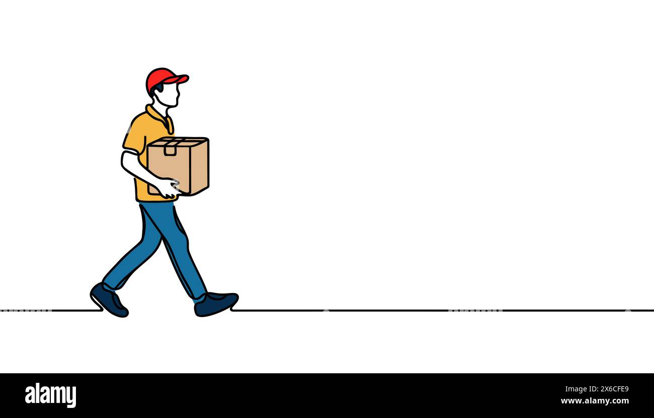 Continuous one line drawing delivery man with parcel box. Drawing of ...