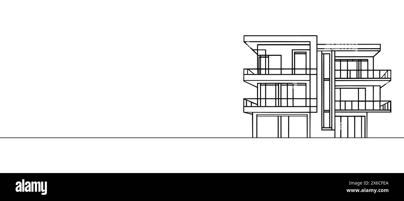 Continuous one line drawing of modern house construction building at ...