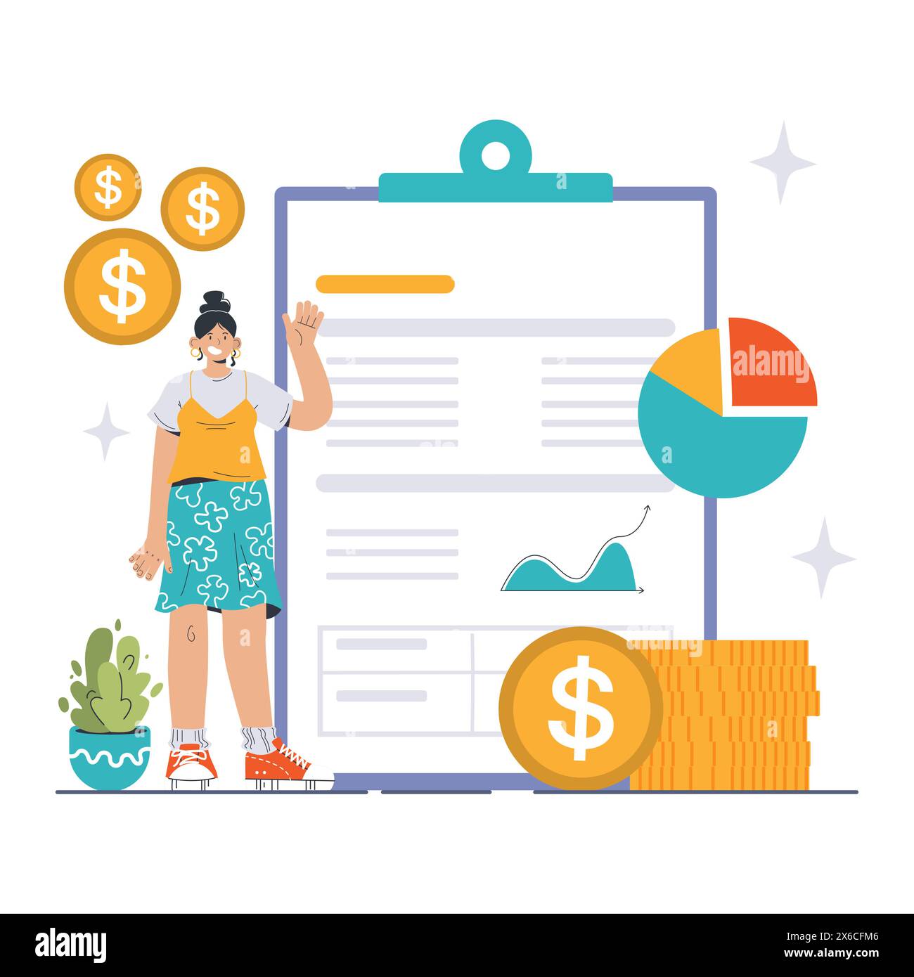 Financial Statement concept. Confident woman presents data alongside ...