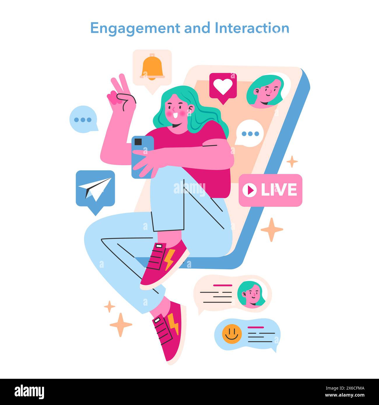 Engagement and Interaction concept. Illustration of a person using a smartphone surrounded by ...