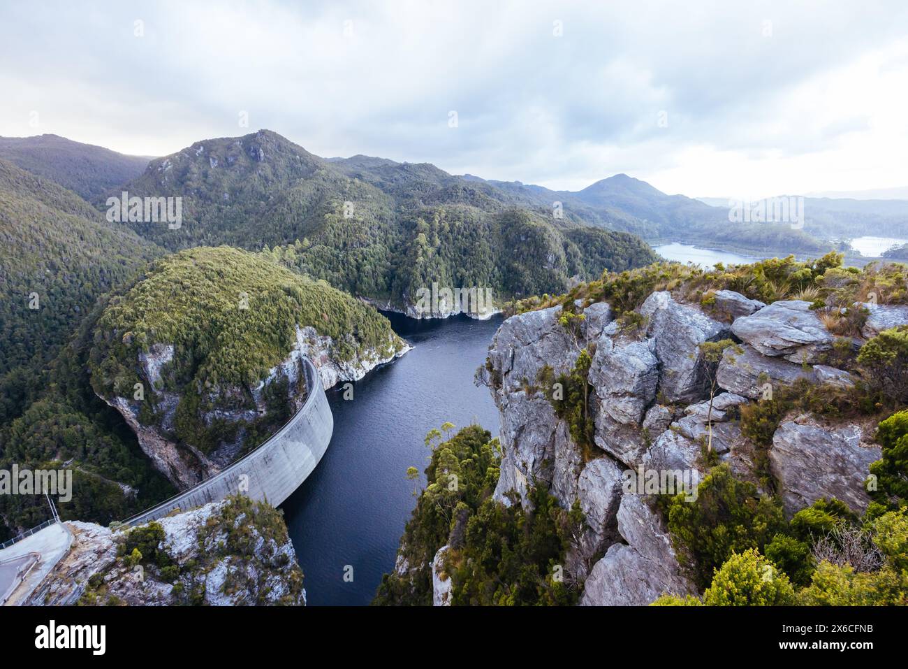 View of the Gordon Dam on a cool summer's day. It is a unique double ...