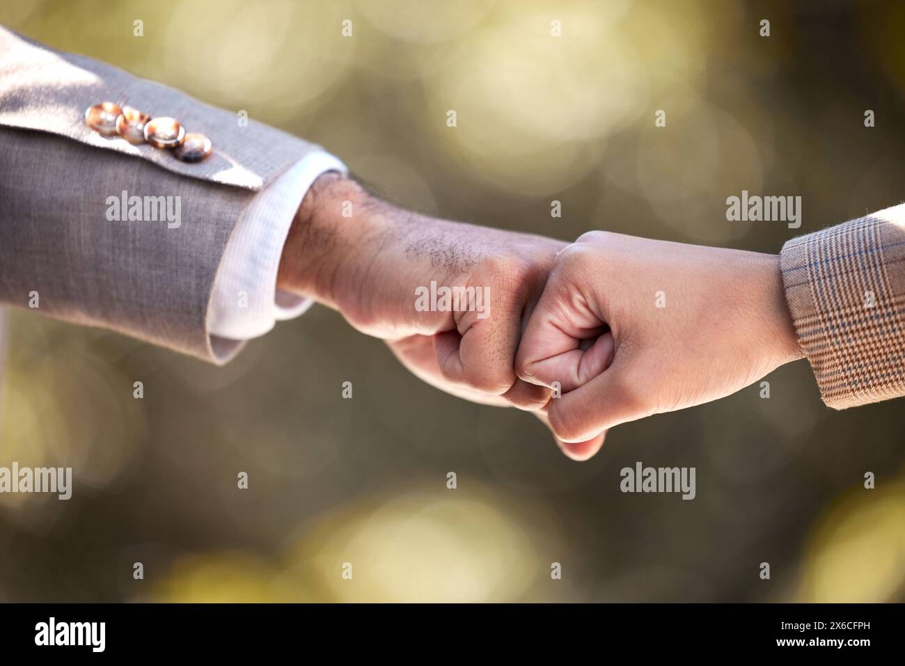 Hello, fist bump and business people outdoor with deal agreement ...