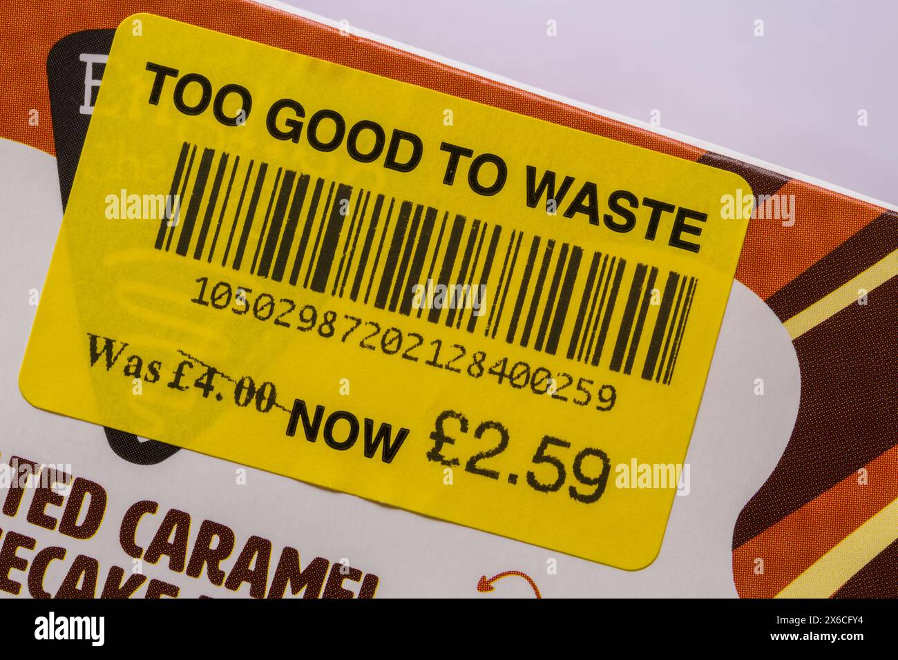 Too good to waste reduced food yellow sticker on box of Salted Caramel ...