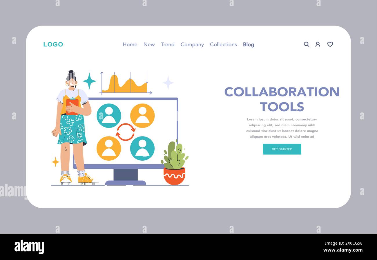 Collaboration Tools web or landing. Woman with tablet near a presentation board, showcasing ...
