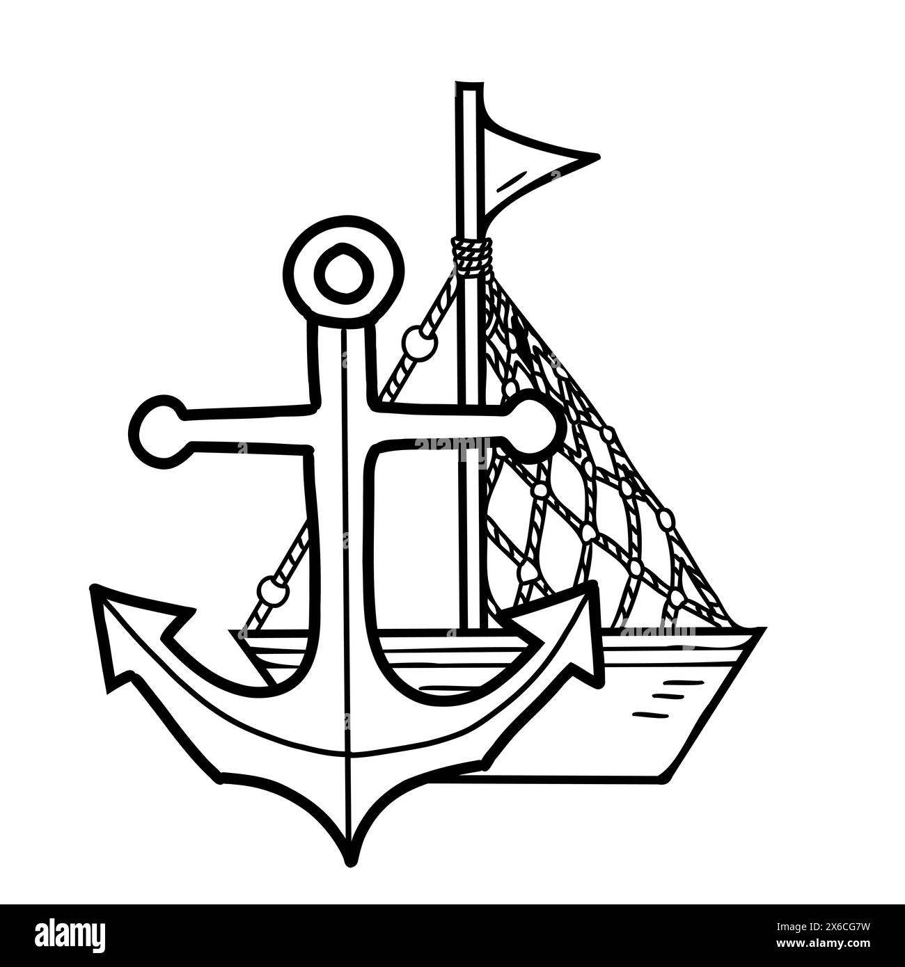 Marine Composition from cute Ship, Boat with Nautical Anchor. Hand ...