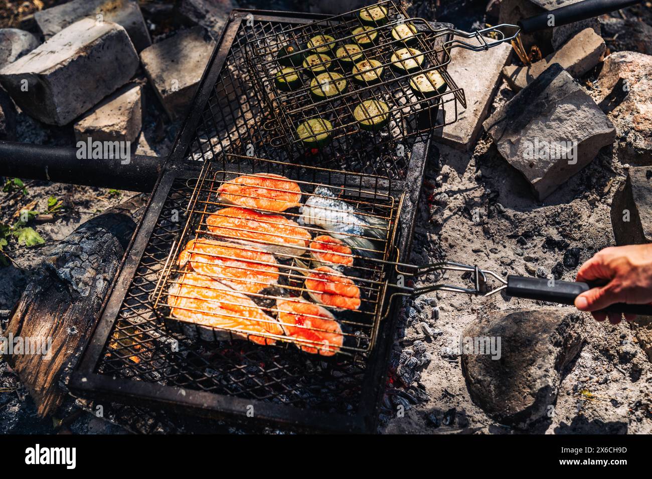 Salmon steaks and zucchini mugs grilled on a grill over a campfire ...