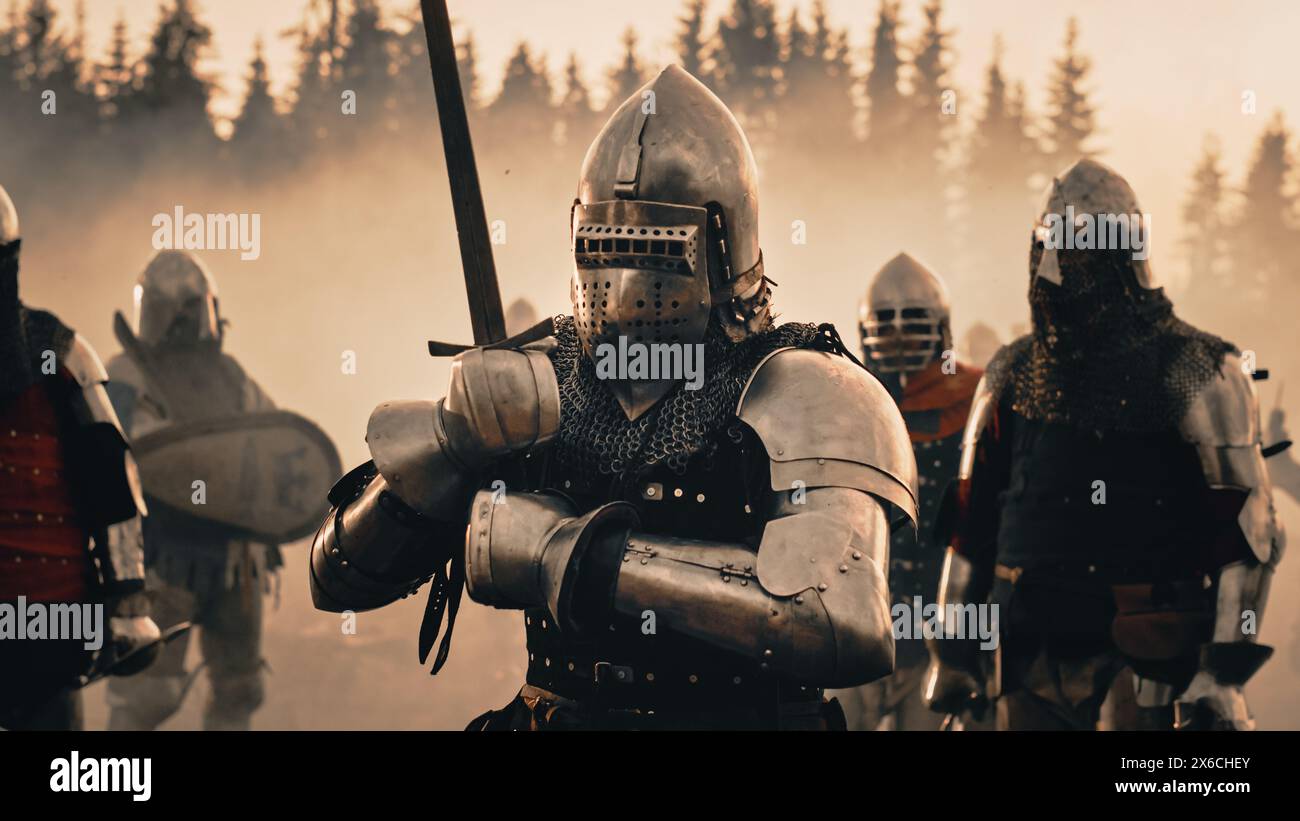 Epic Battlefield: Portrait of Knight Leader Wearing Helmet, Holding Sword, Ready for Battle ...