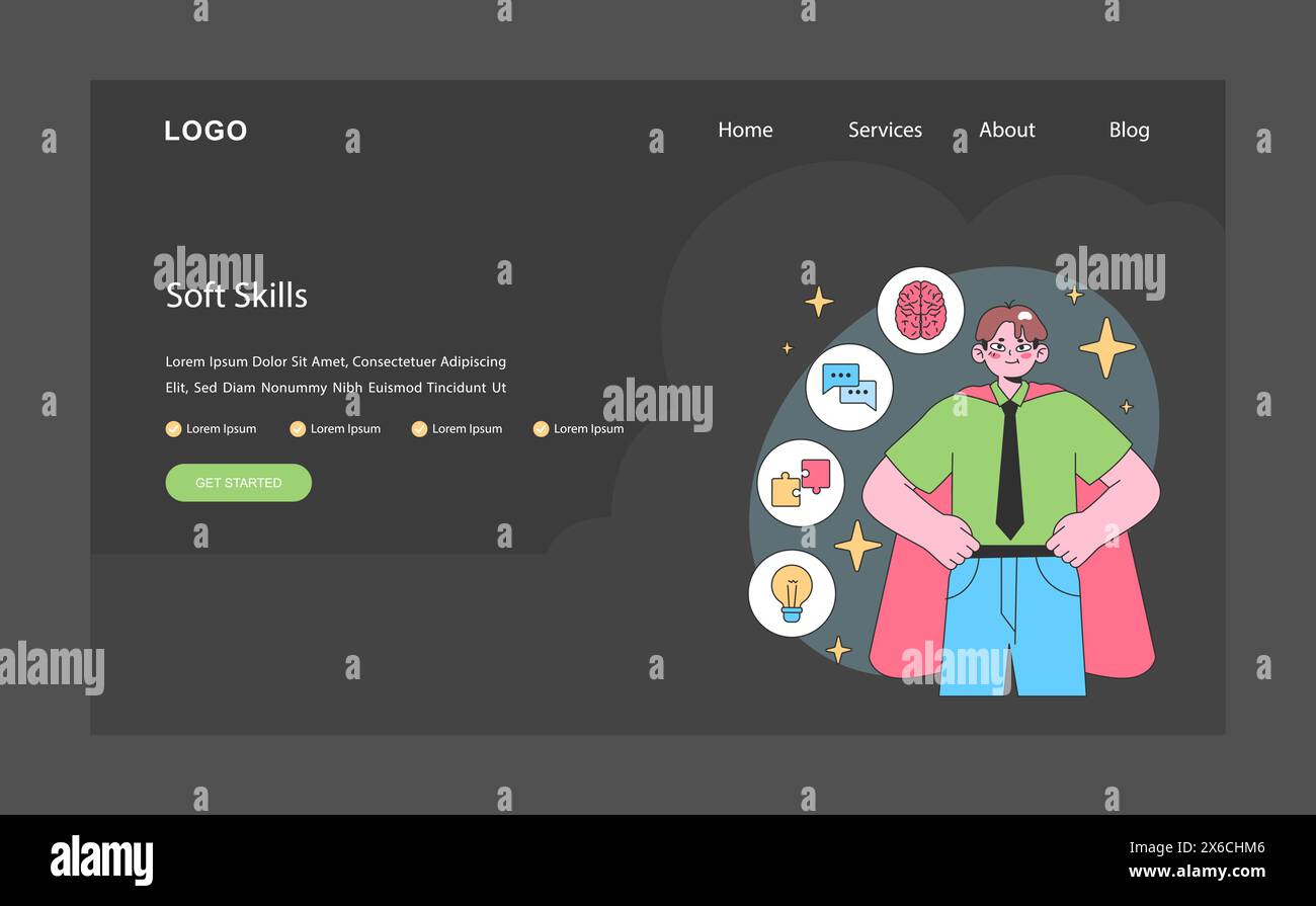 Soft skills dark or night mode web, landing. Professional business man ...