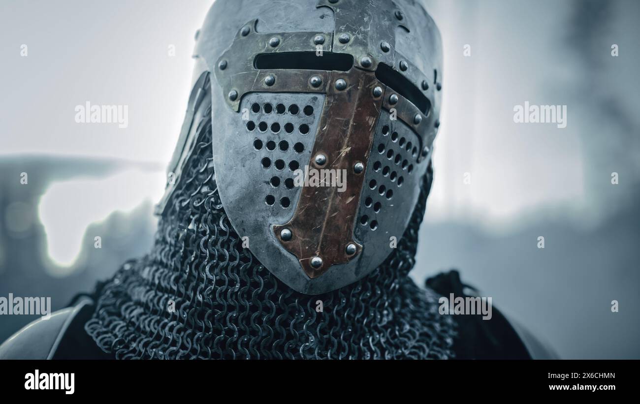 Portrait of a Medieval Knight on Battlefield, Closed Helmet Ready for ...