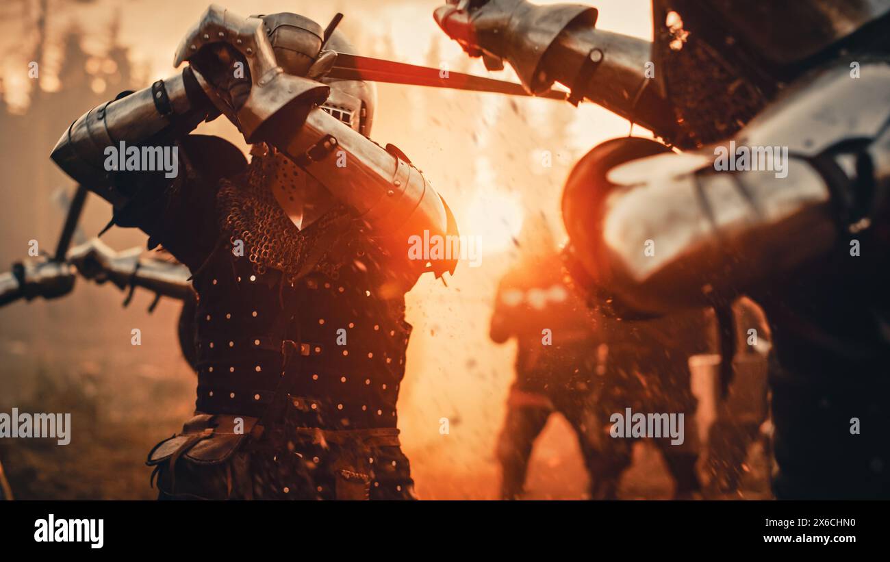 Epic Battlefield: Two Armored Medieval Knights Fighting with Swords. Dark Ages Army Warfare ...