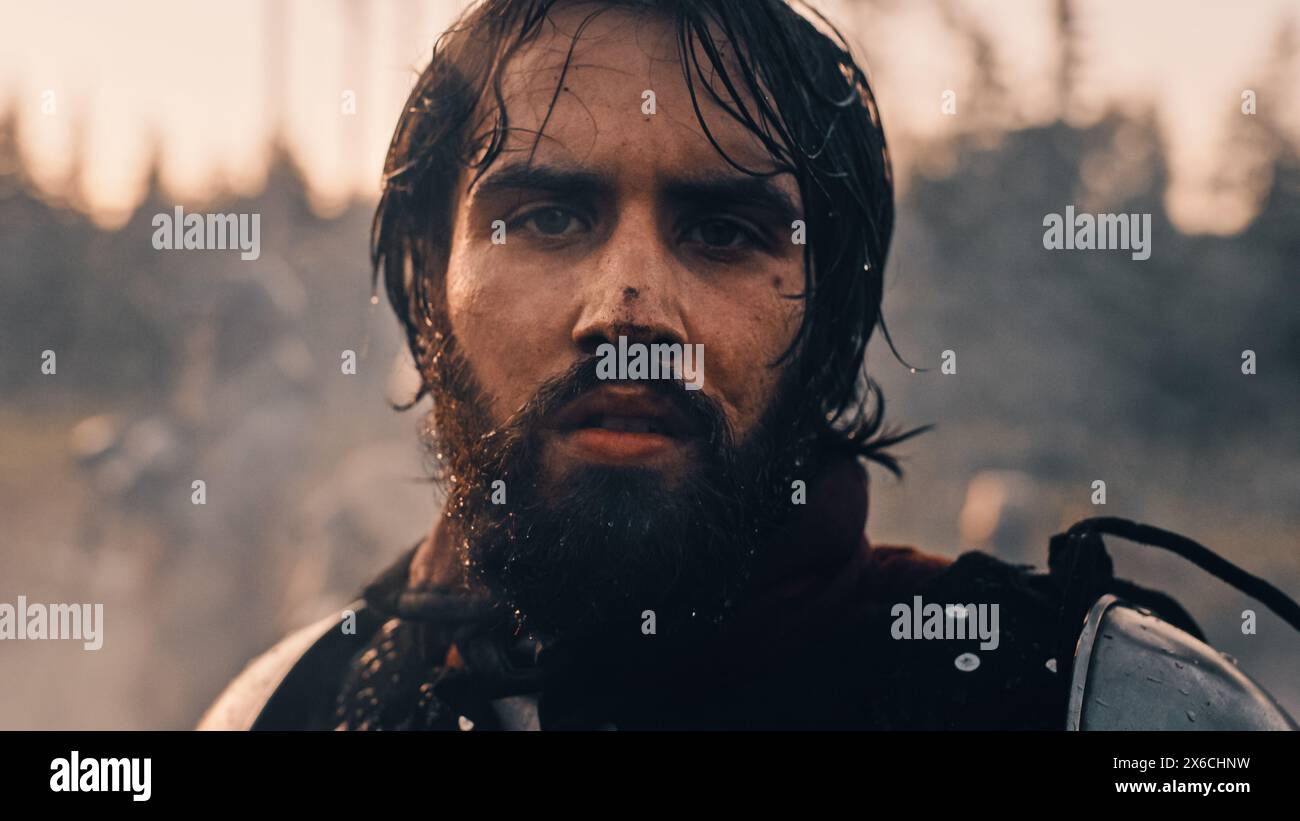 Handsome Medieval Knight King on Battlefield, Looking at Camera ...