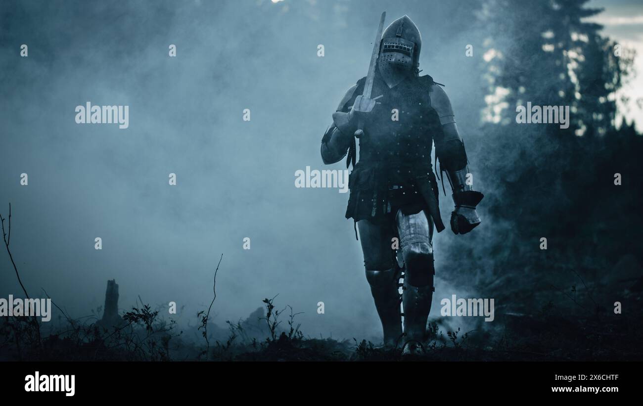 Lonesome Medieval Warrior Marching Through Forest. Last Surviving ...