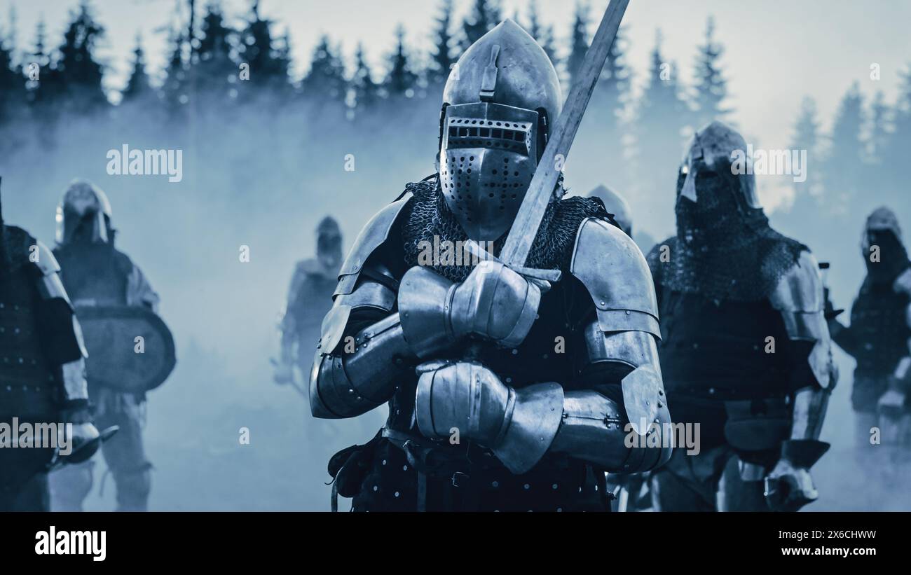 Epic Battlefield: Portrait of Knight Leader Wearing Helmet, Holding Sword, Ready for Battle ...