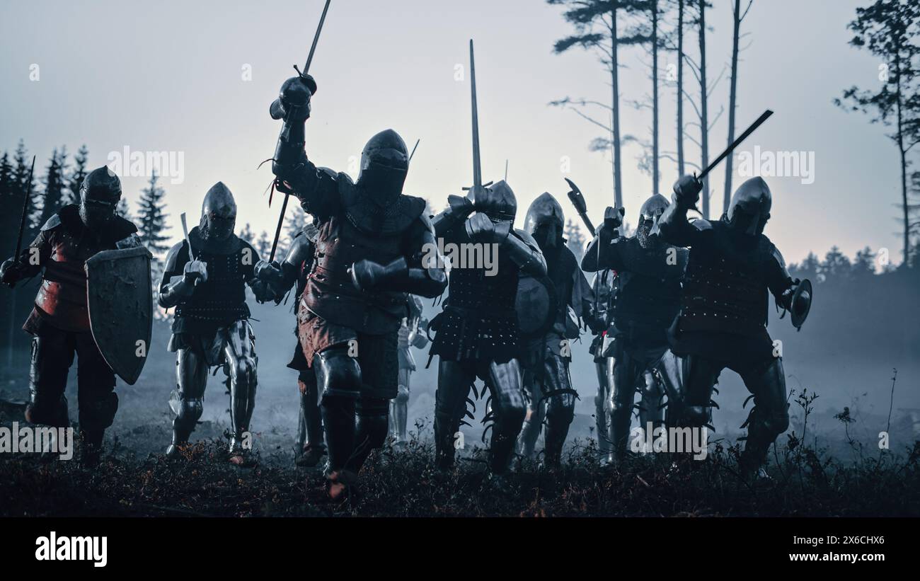 Epic Battle: Army of Medieval Knights on Battlefield, Scream Battle Cry and Charge with Attack ...