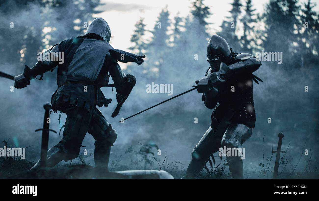 Dark Age Battlefield: Two Armored Medieval Knights Fighting with Swords. Battle of Armed Warrior ...