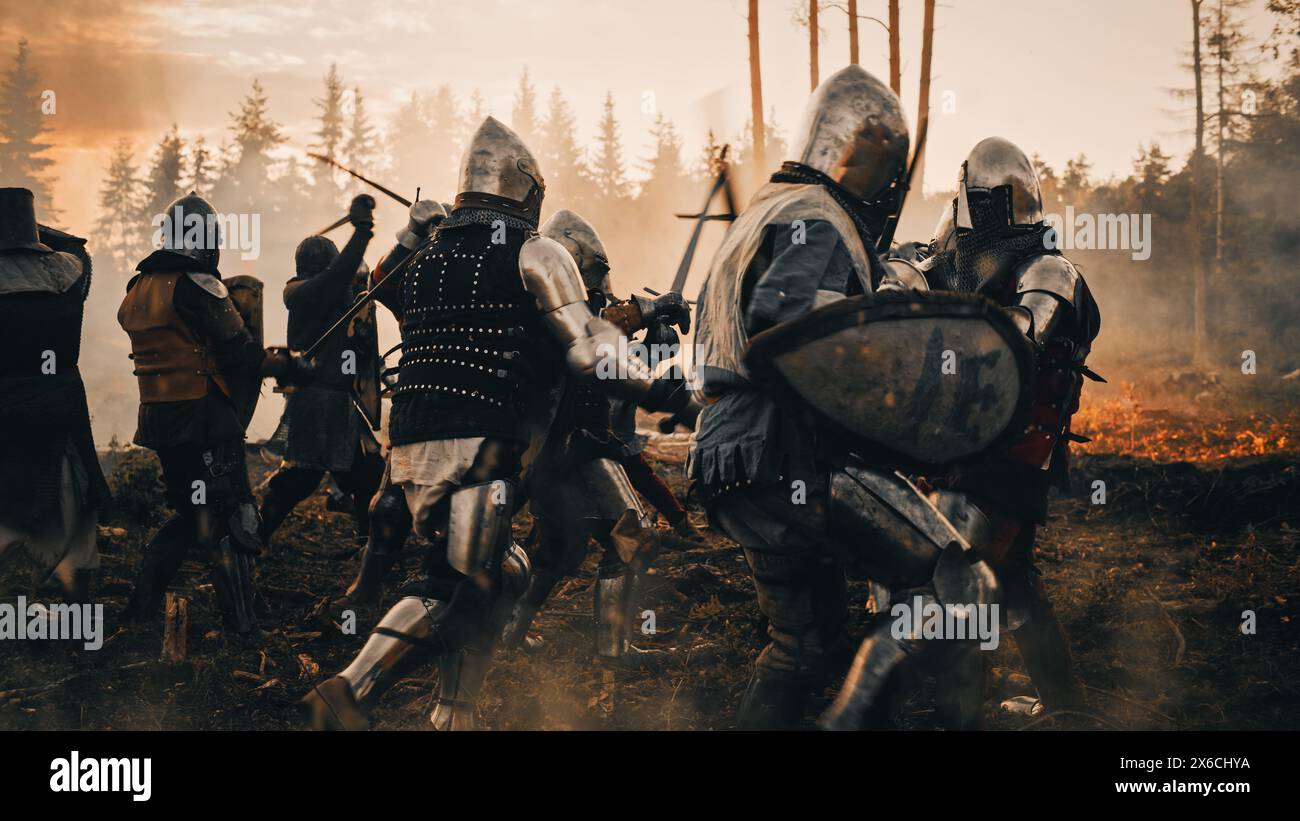 Epic Battlefield: Armies of Medieval Knights Fighting with Swords. Dark ...