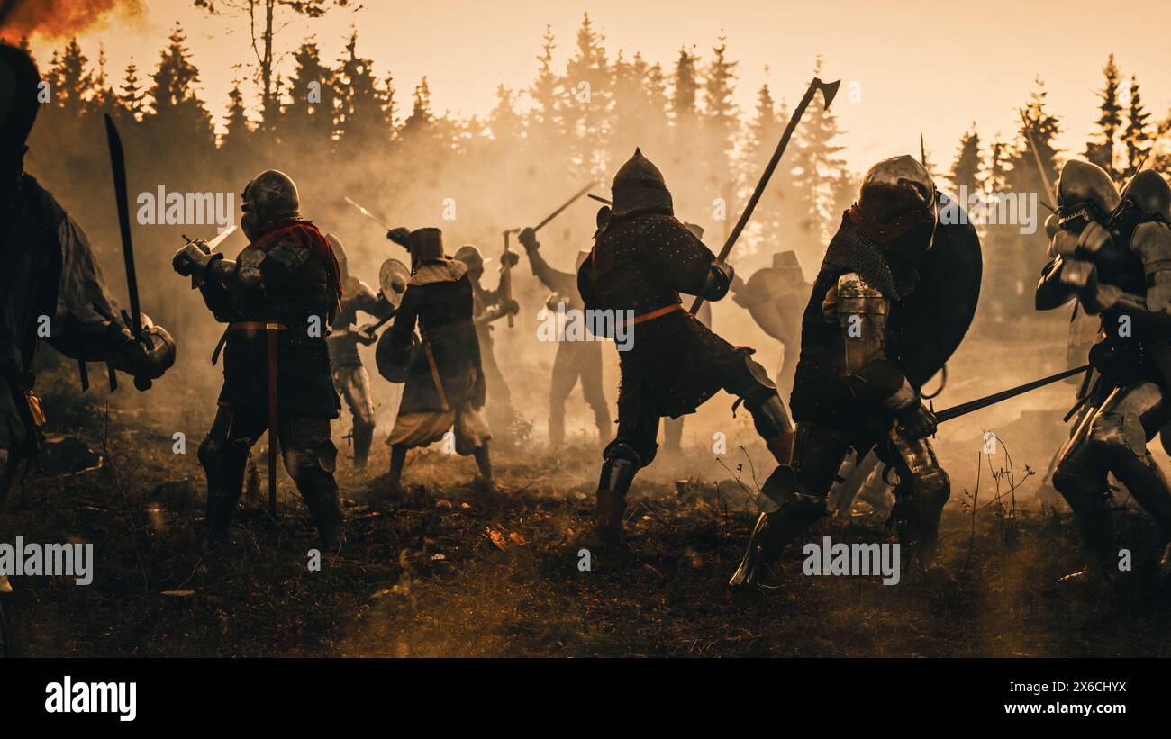 Epic Battlefield: Two Armored Medieval Knights Fighting with Swords ...