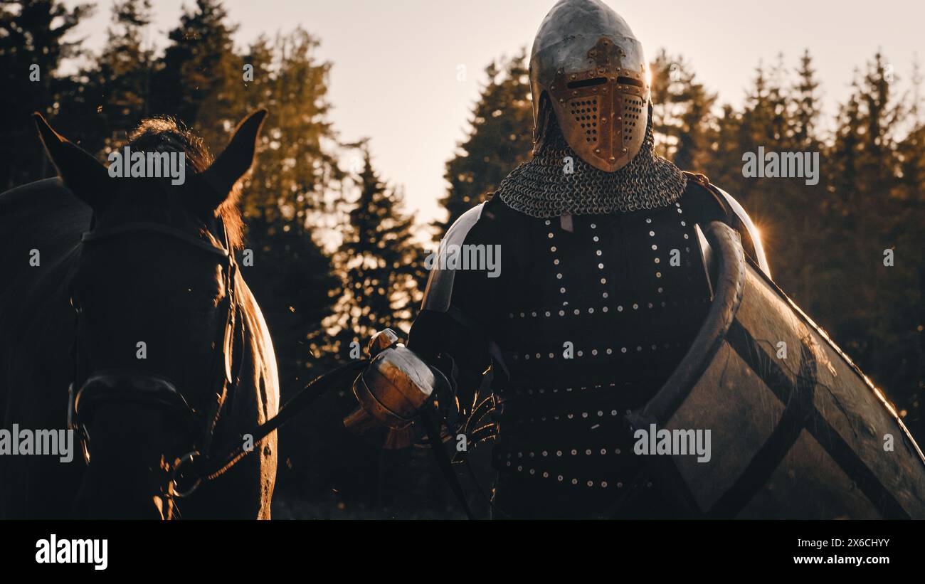 Medieval Knight Warrior Leading His Horse into the Battle to Fight. Portrait of Hero in Plated ...